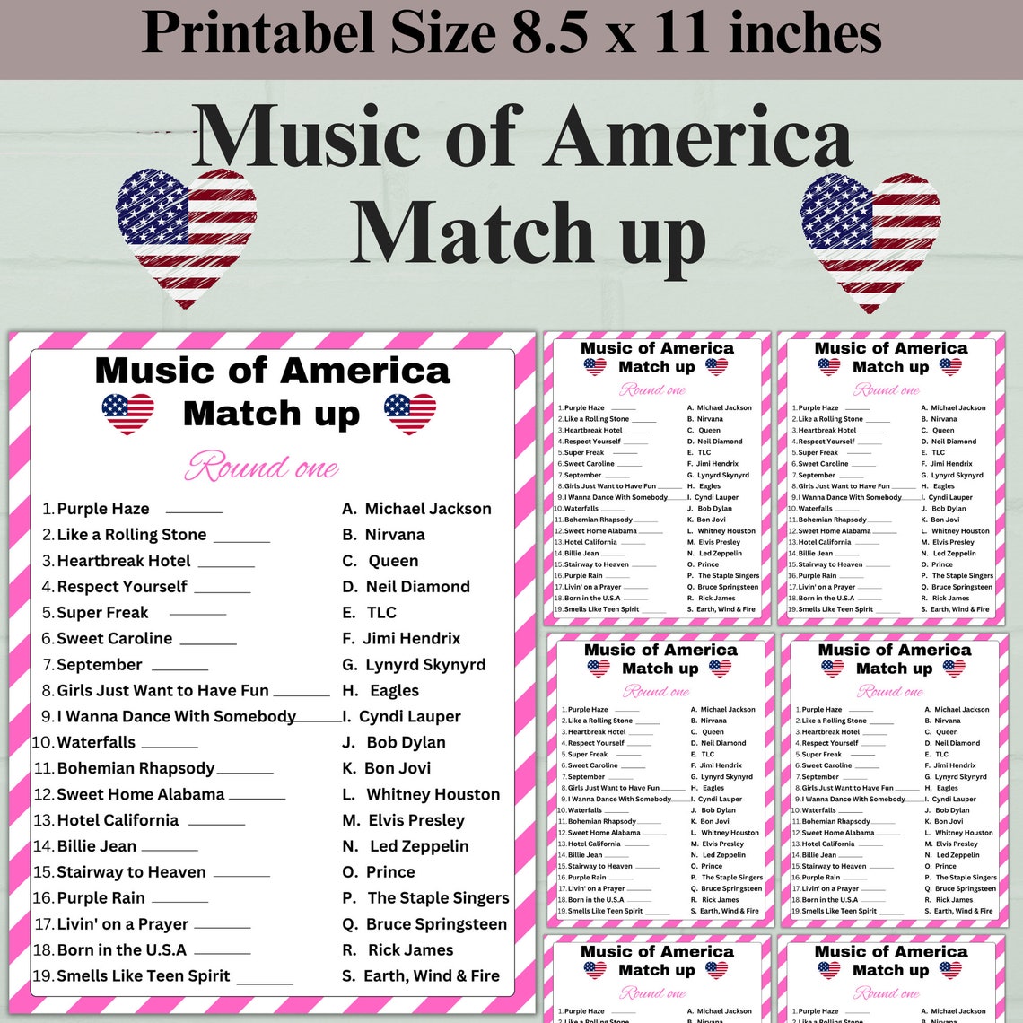 American Music Match up Game, Printable Trivia (instant Download) - Etsy