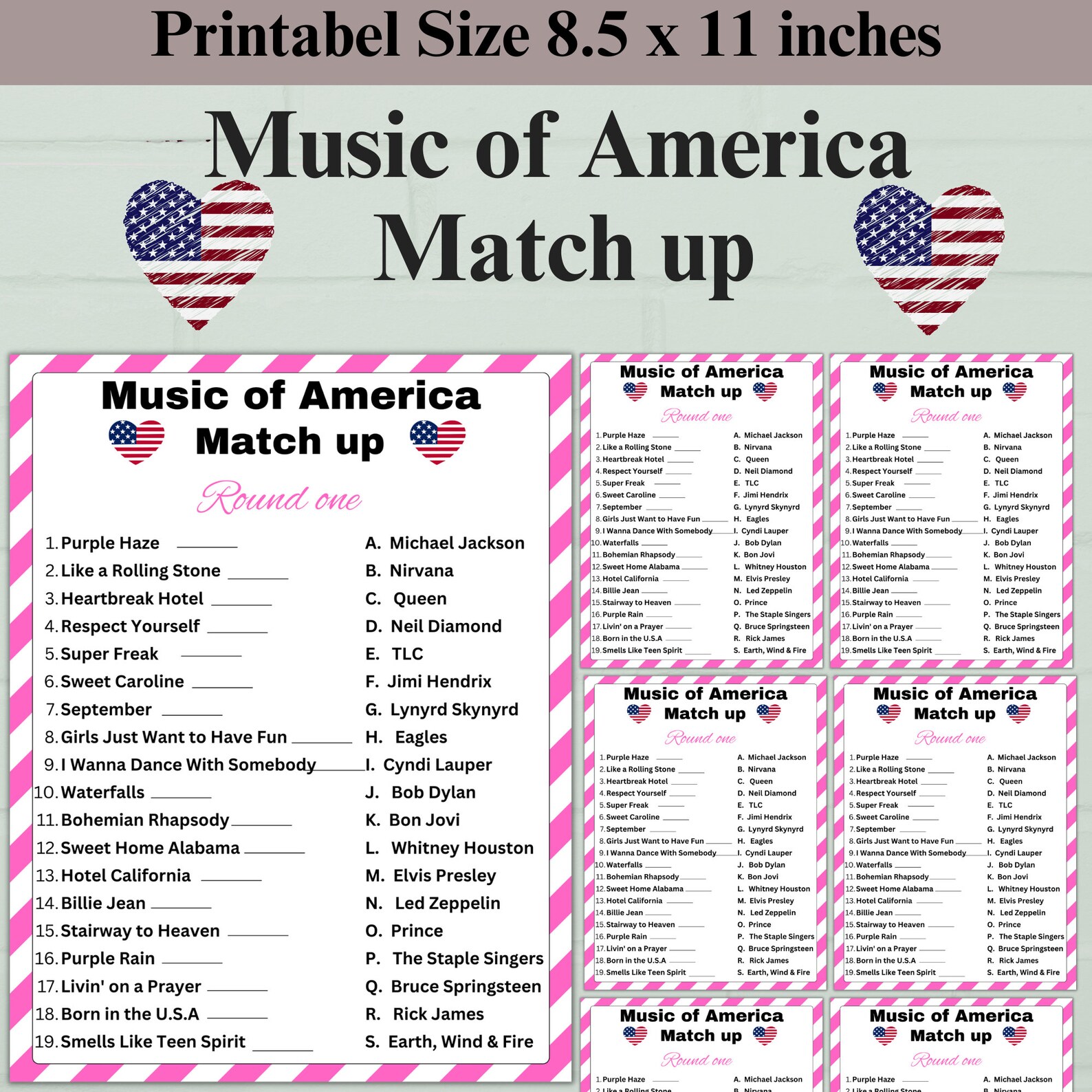 American Music Match up Game, Printable Trivia (instant Download) - Etsy