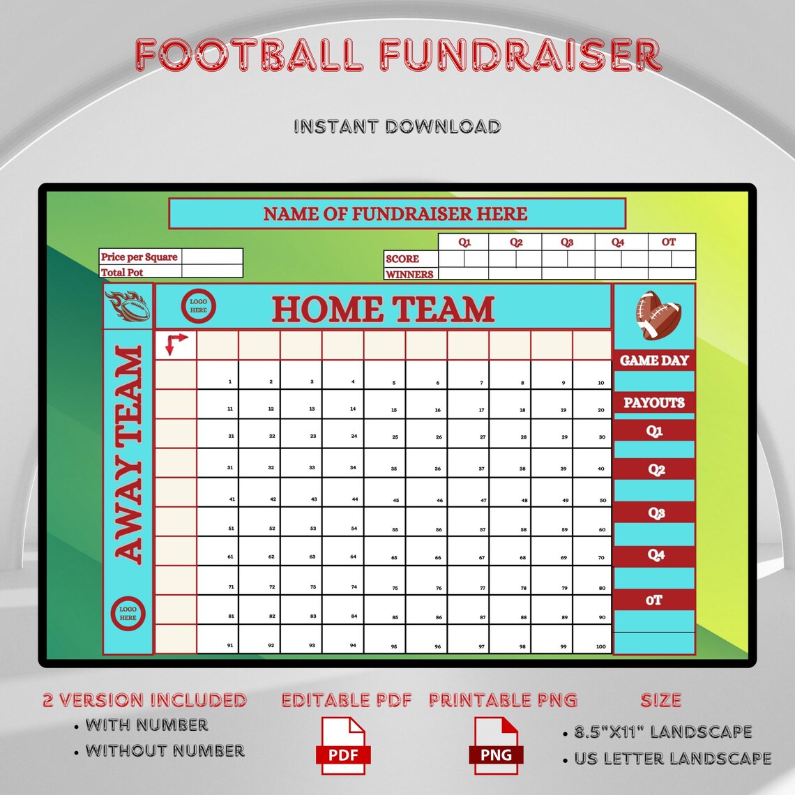 Football Squares Printable, Super Football Bowl Squares, Football ...