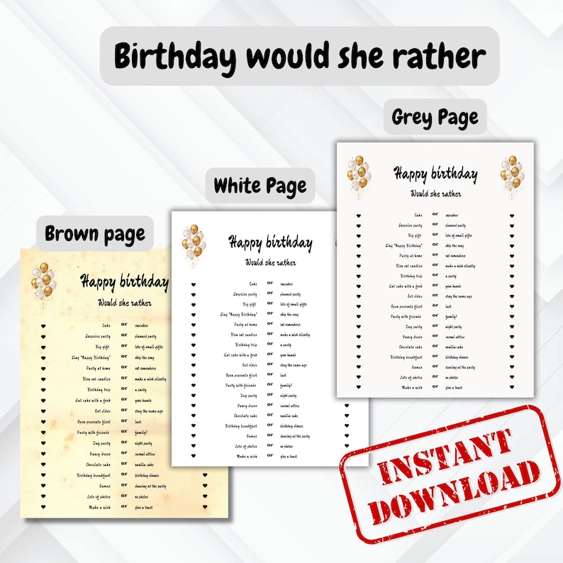 Printable Birthday Would She Rather Game | Fun Party Activity | Instant ...