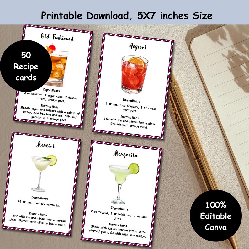 Editable Cocktail Recipe Cards Template | Printable Drink Mixology Bar ...