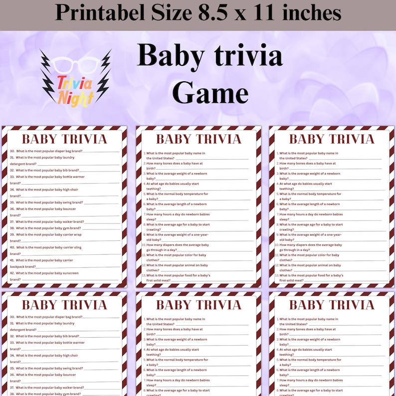 Baby Shower Trivia Game, Printable Baby Game, Trivia, Instant Download ...