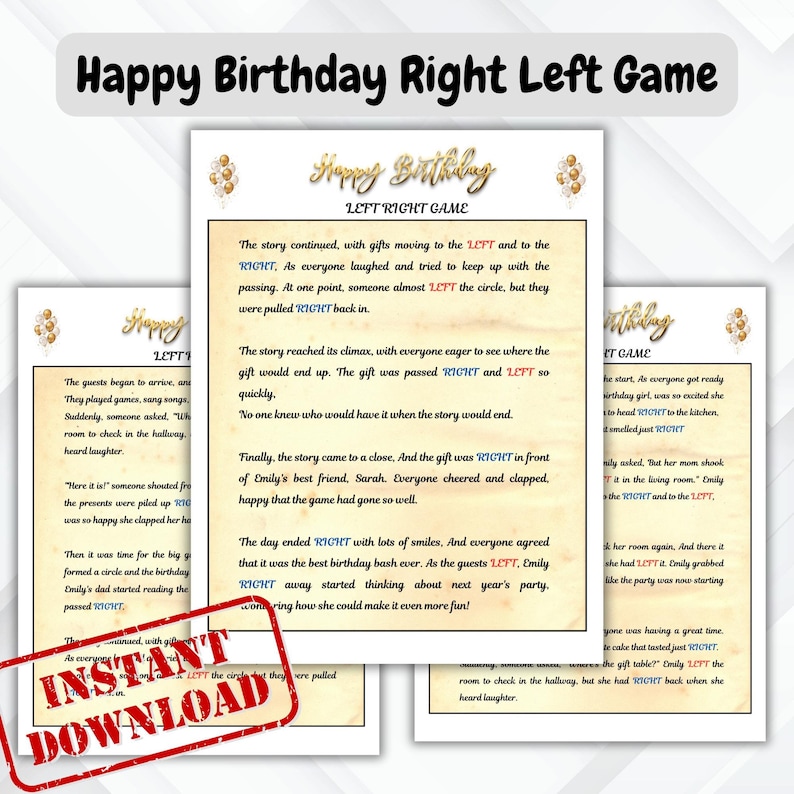 Birthday Left Right Game | Printable Party Activity (digital Download ...