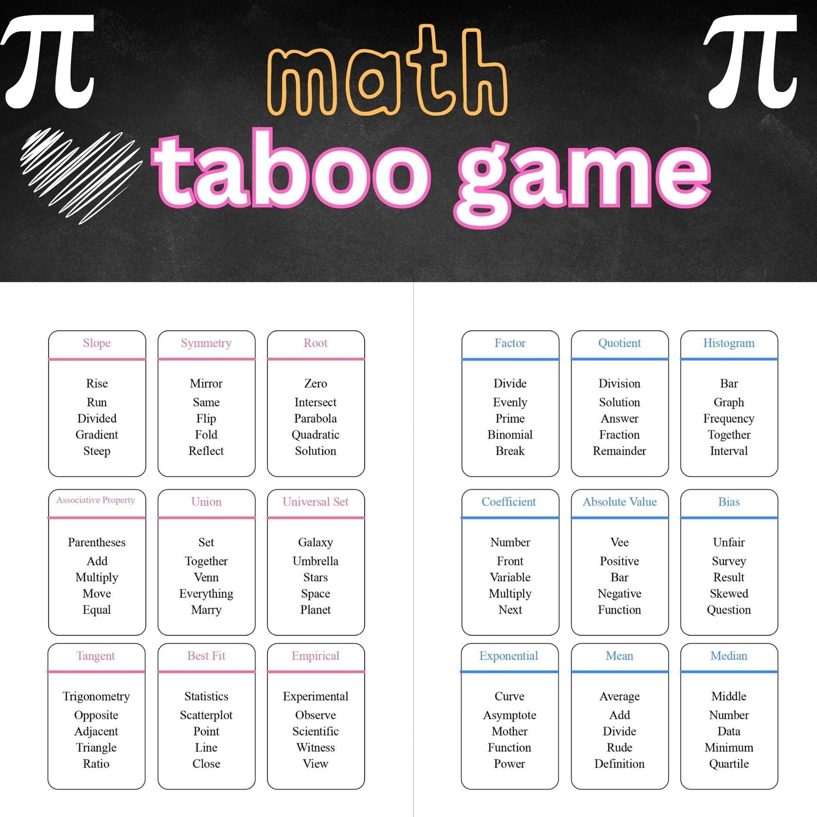 Printable Math Taboo Game,math Taboo Game, Instant Download,math Taboo ...
