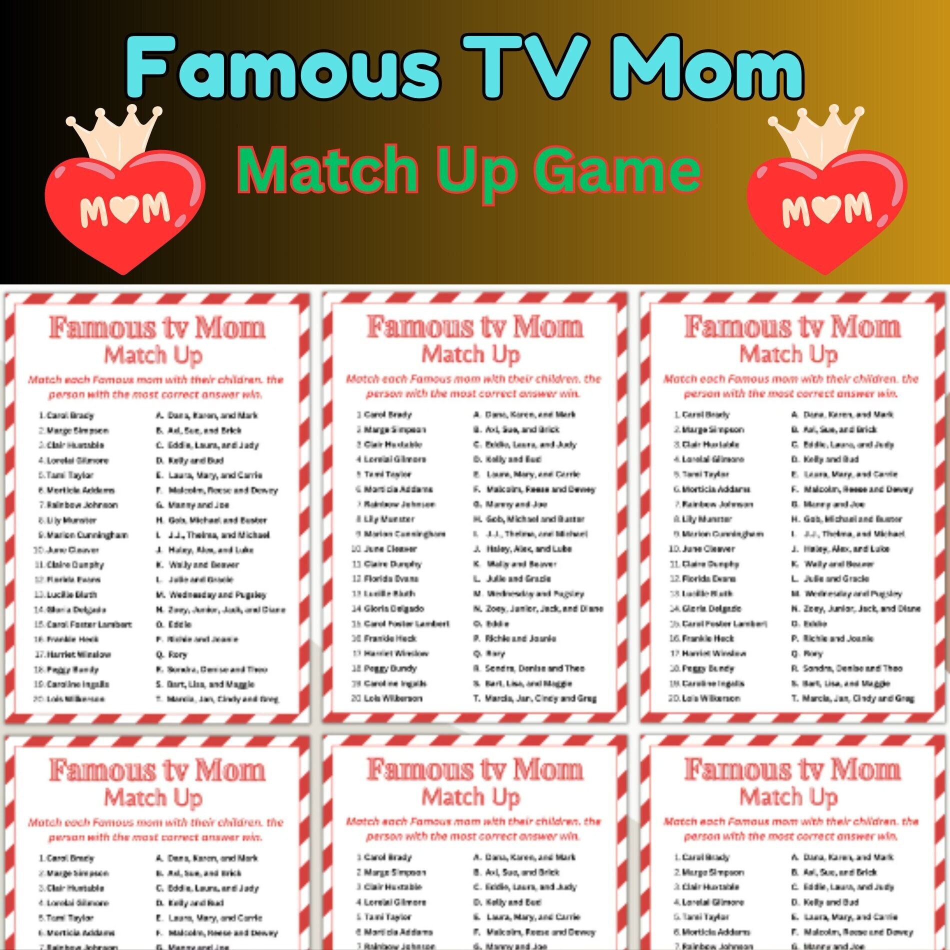 Famous TV Mom Match up Game Printable.printable Activity Family Party ...