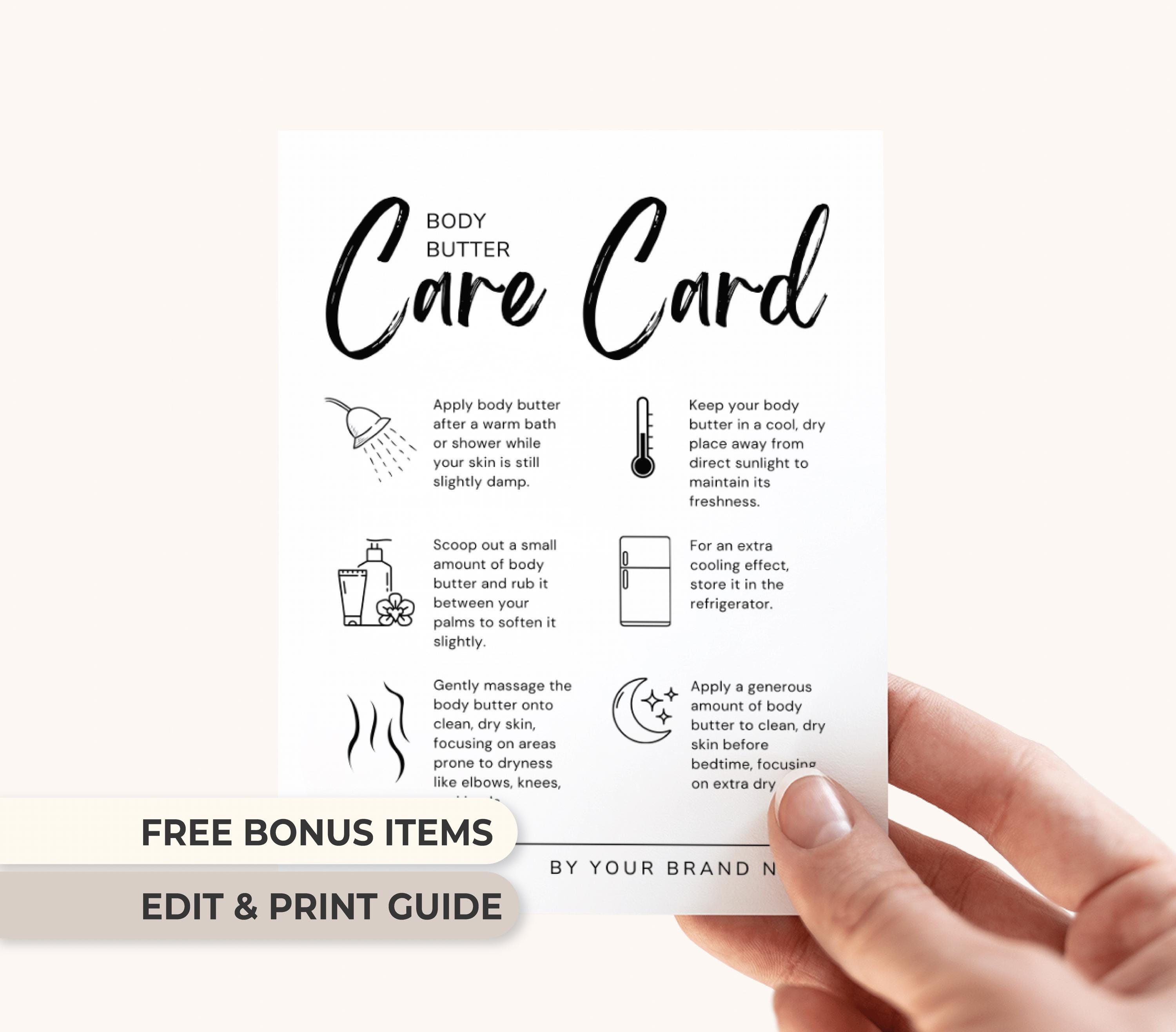 Body Butter Care Card Insert Care Card Printable Body Butter Stationary ...