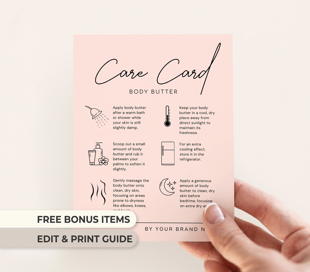Body Butter Care Card Insert Care Card Printable Body Butter Stationary ...
