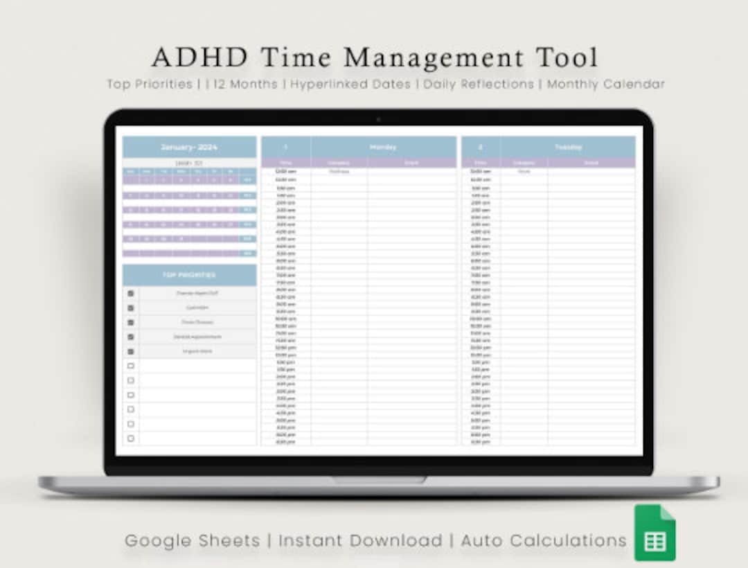 ADHD Time Management Tool Google Spread Sheet, Google Sheets, Google ...