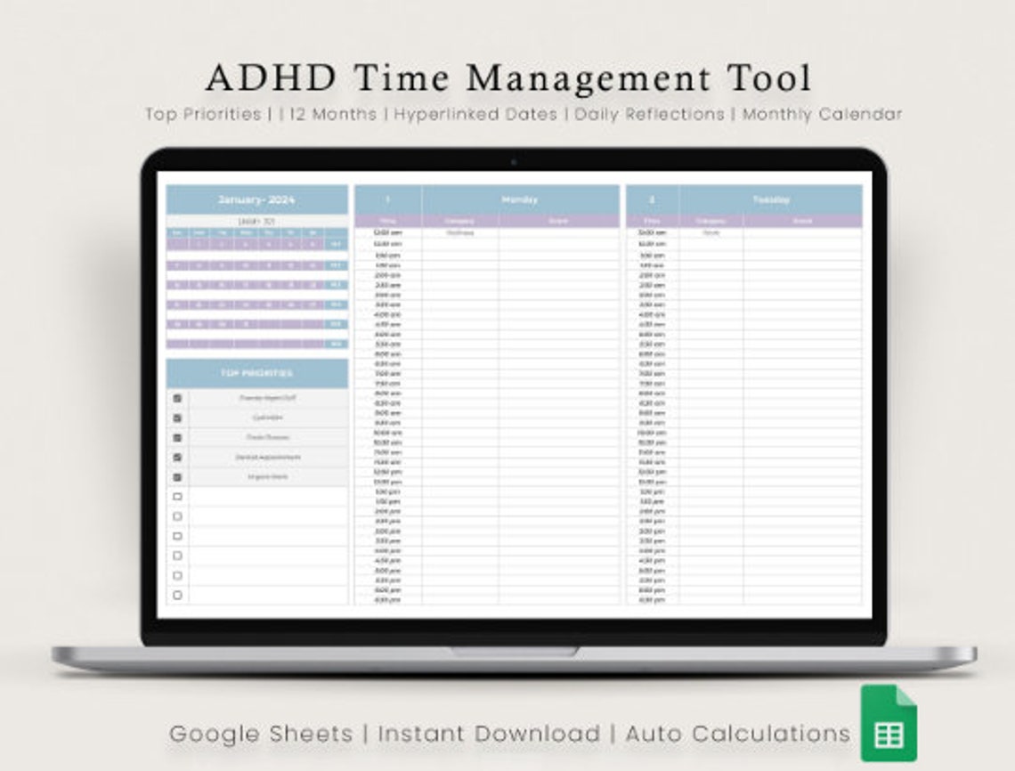 ADHD Time Management Tool Google Spread Sheet, Google Sheets, Google ...