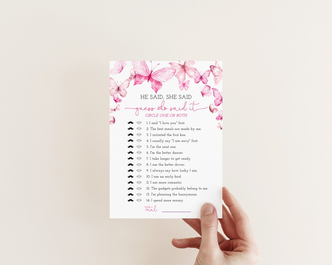 Butterfly Guess Who Said It, He Said She Said Bridal Shower, Pink Party ...