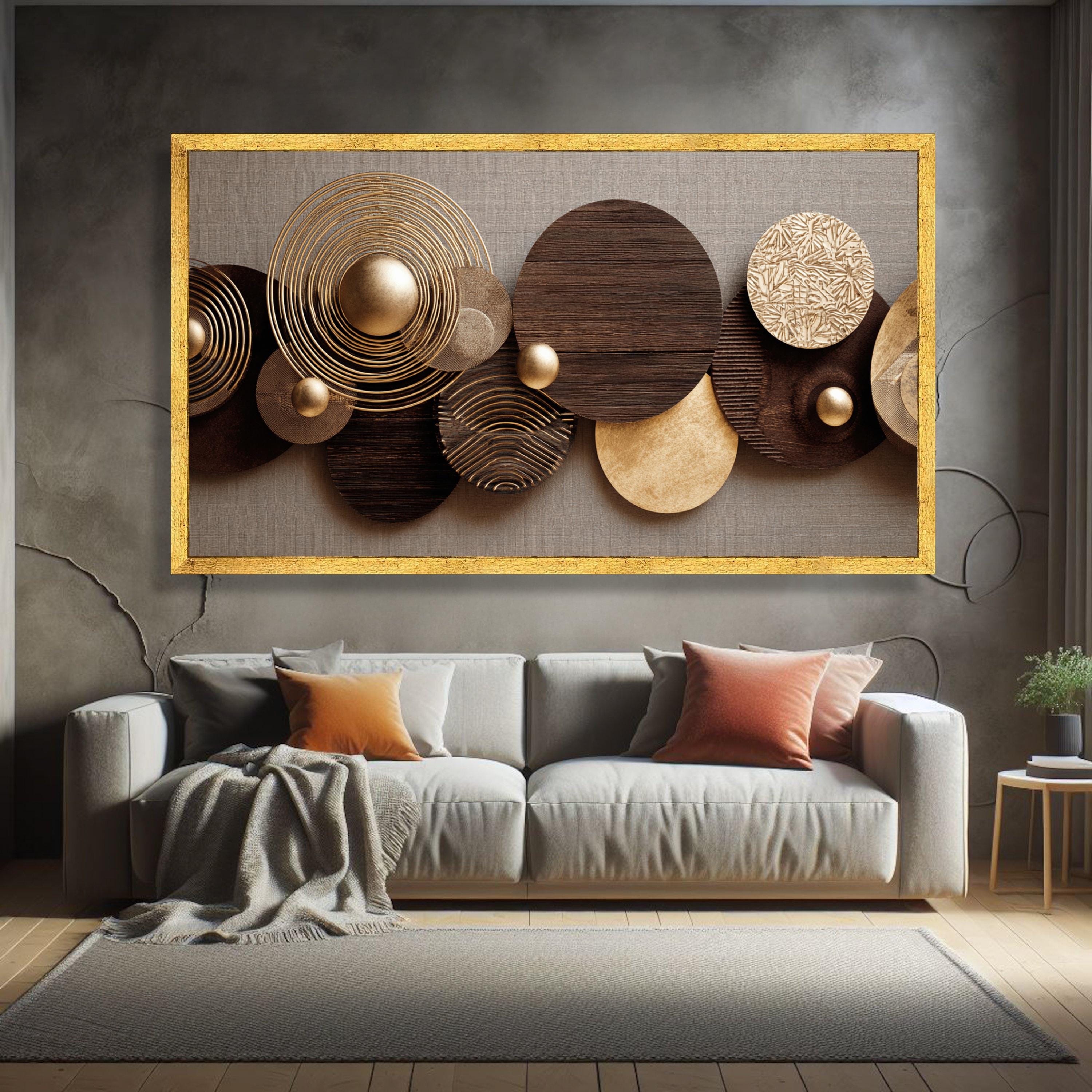 Modern Geometric Circles Canvas Wall Art, Metallic Gold and Dark Wood ...