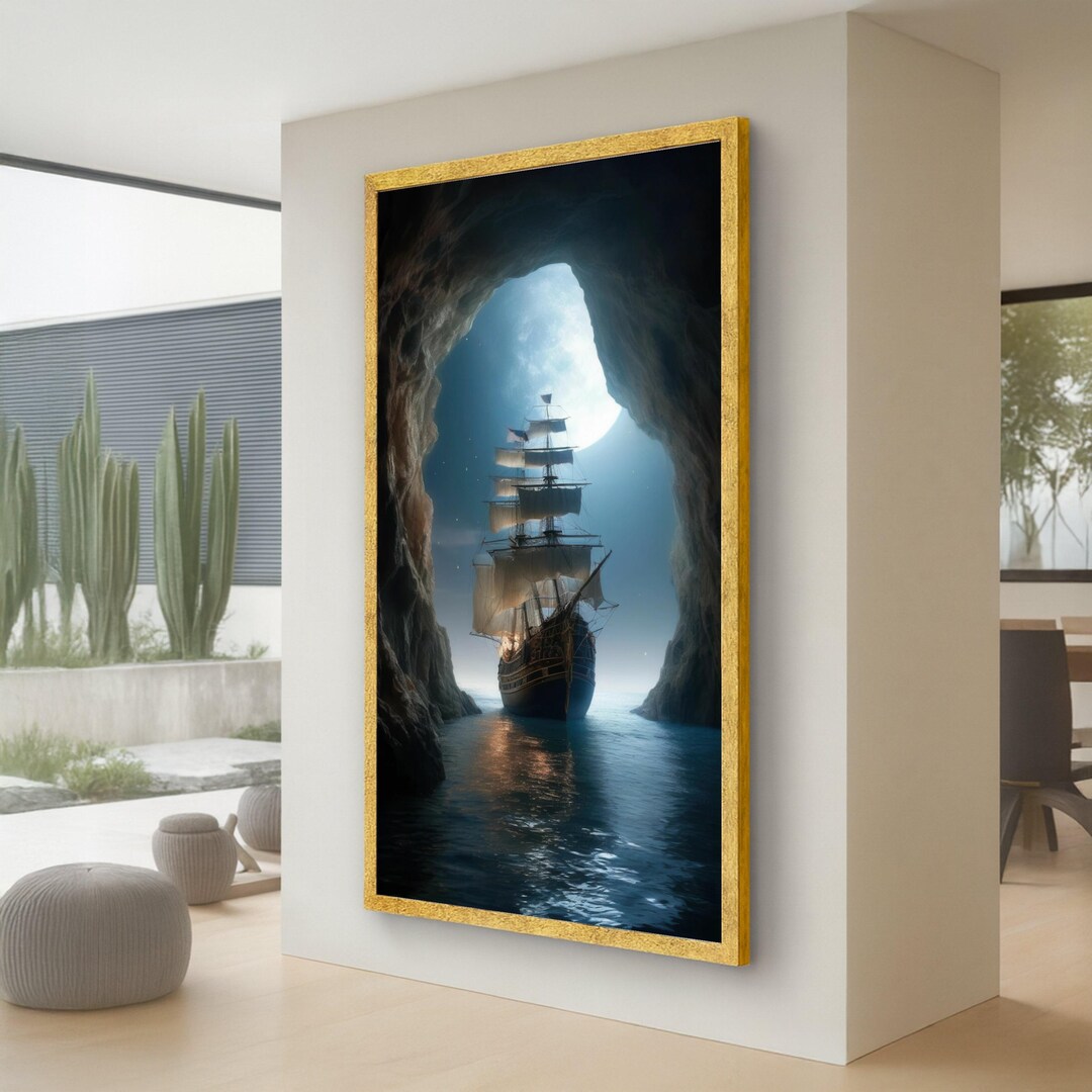 Mystical Sailing Ship Canvas, Moonlit Ocean Cave Wall Art, Vintage ...