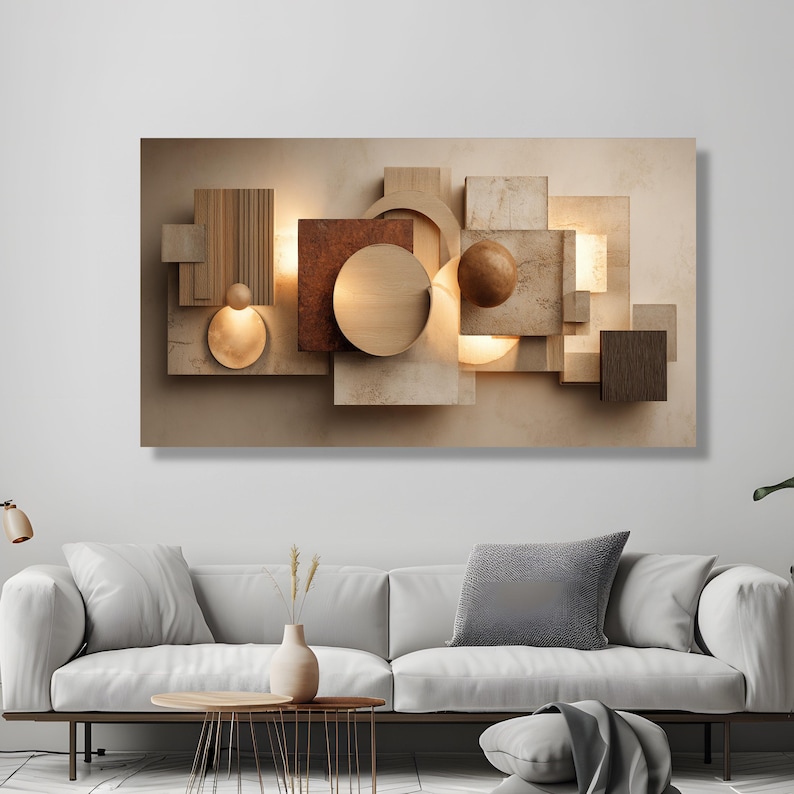 Modern Geometric Abstract Canvas, 3D Shapes Wall Art, Textured Neutral ...