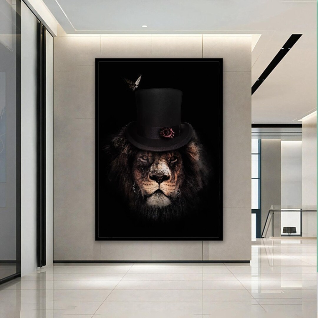 Lion With Fedora Poster, Butterfly Canvas Painting, Animals Print Home ...
