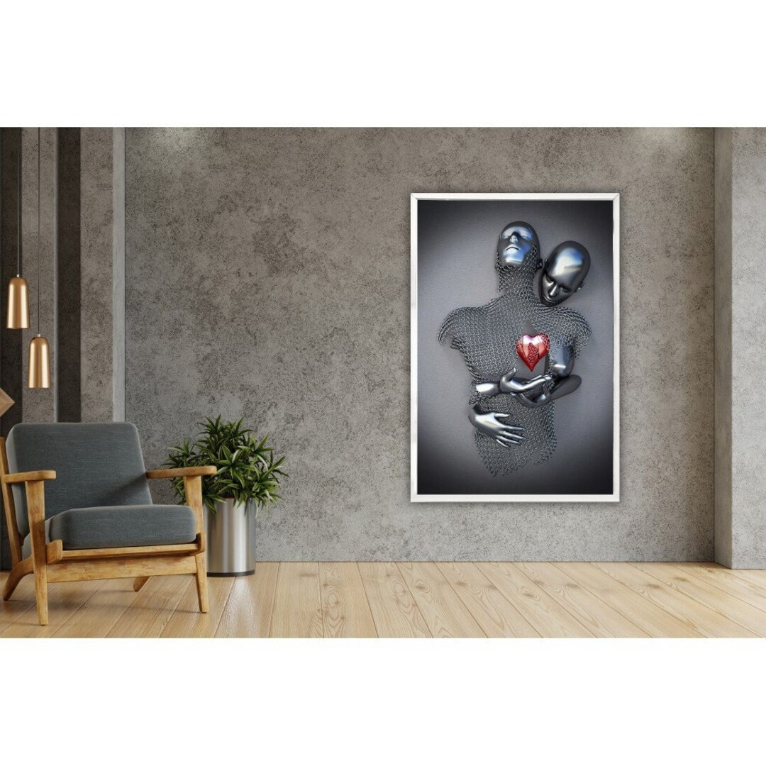 Eternal Love: Embraced Couple Painting, Canvas Art Print, Red Heart ...