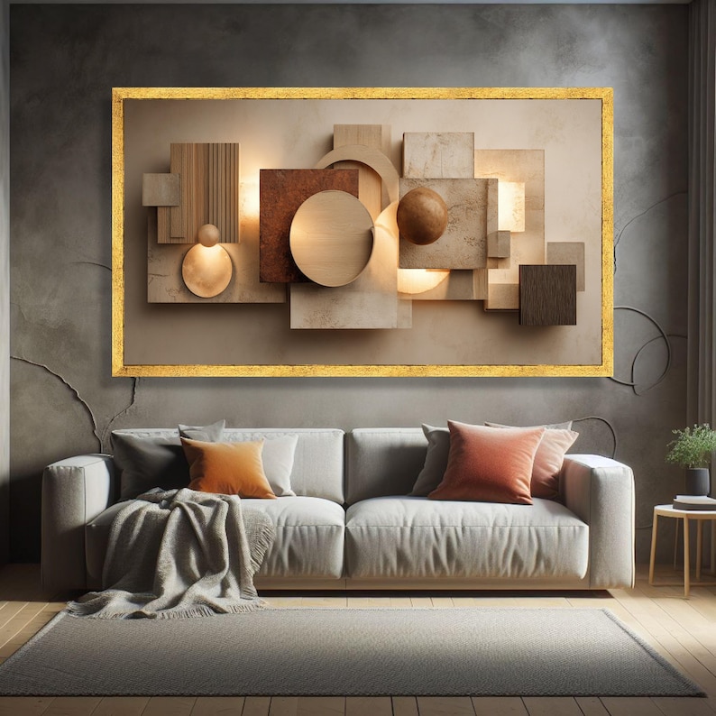 Modern Geometric Abstract Canvas, 3D Shapes Wall Art, Textured Neutral ...