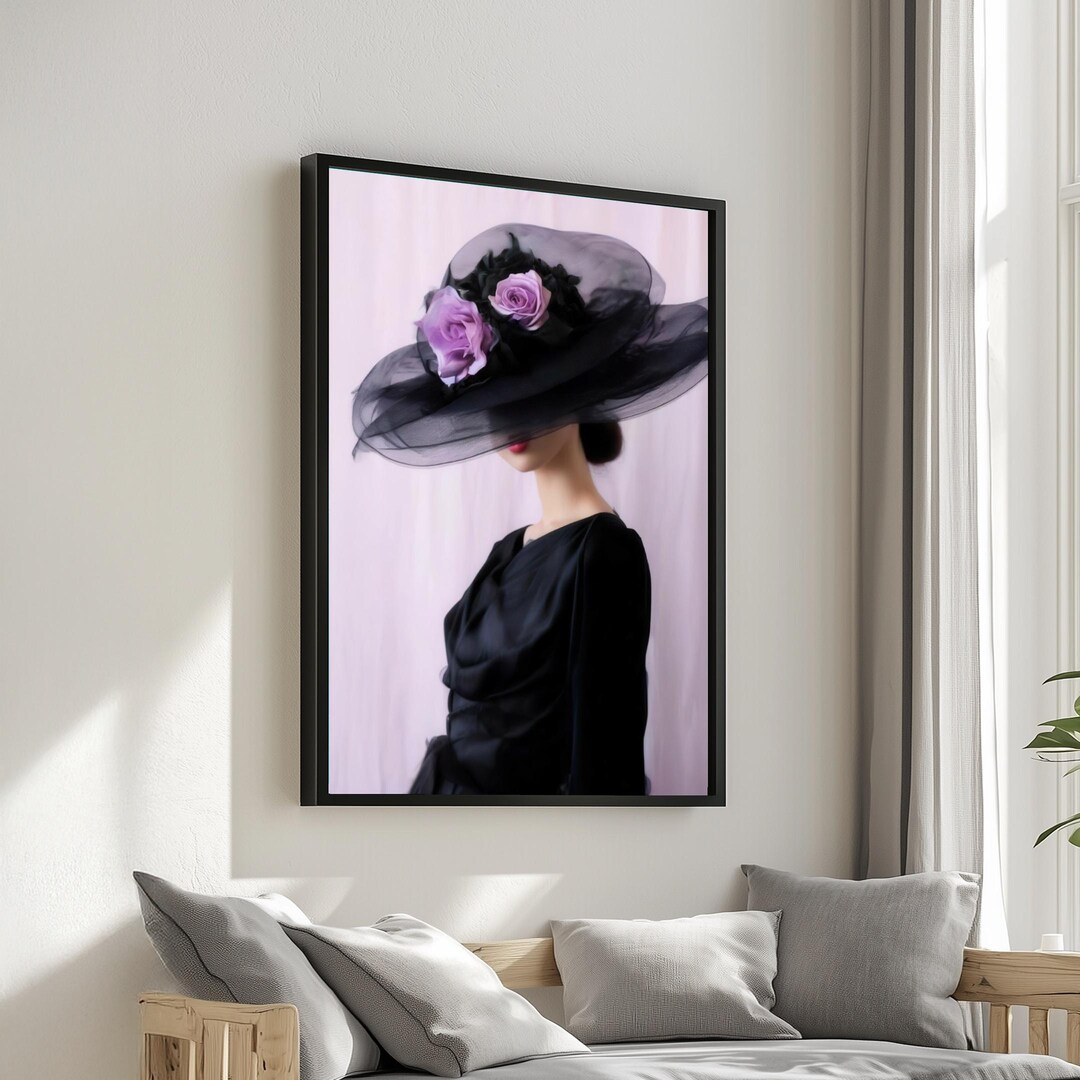 Elegant Lady in Black, Fashion Art Canvas, Purple Rose Hat, Wall Art ...