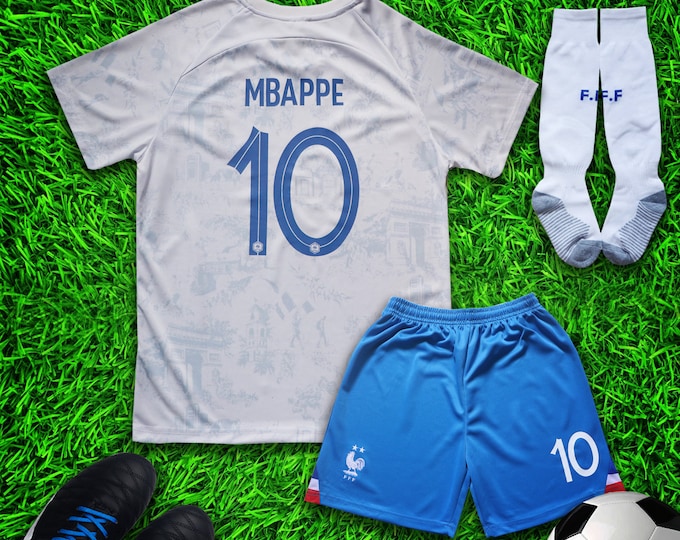 France 2022 Away Kylian Mbappe #10 Kids Soccer Uniform Jersey Shors ...