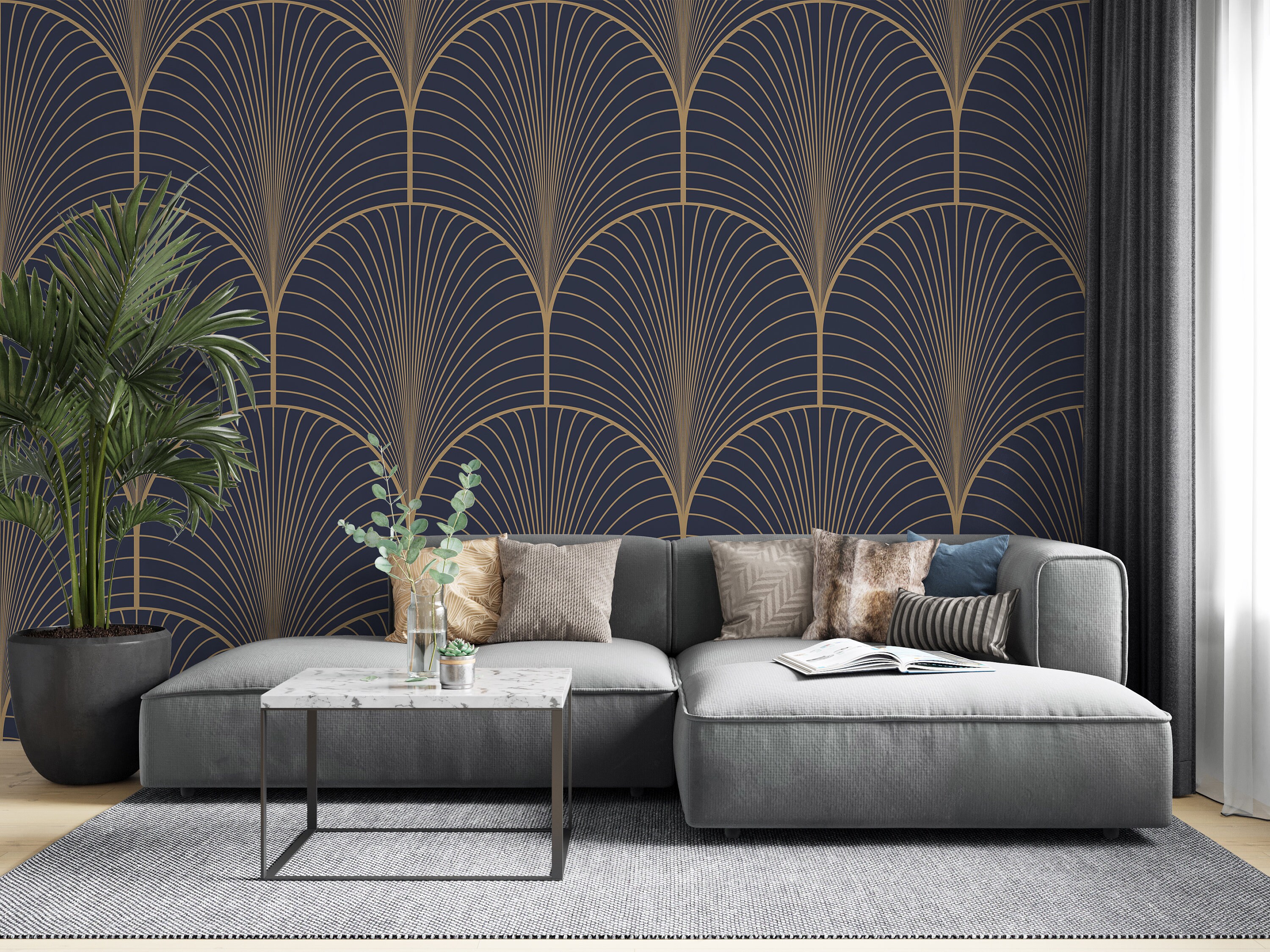 Navy Blue and Gold Geometric Wallpaper, Background Wall Mural ...