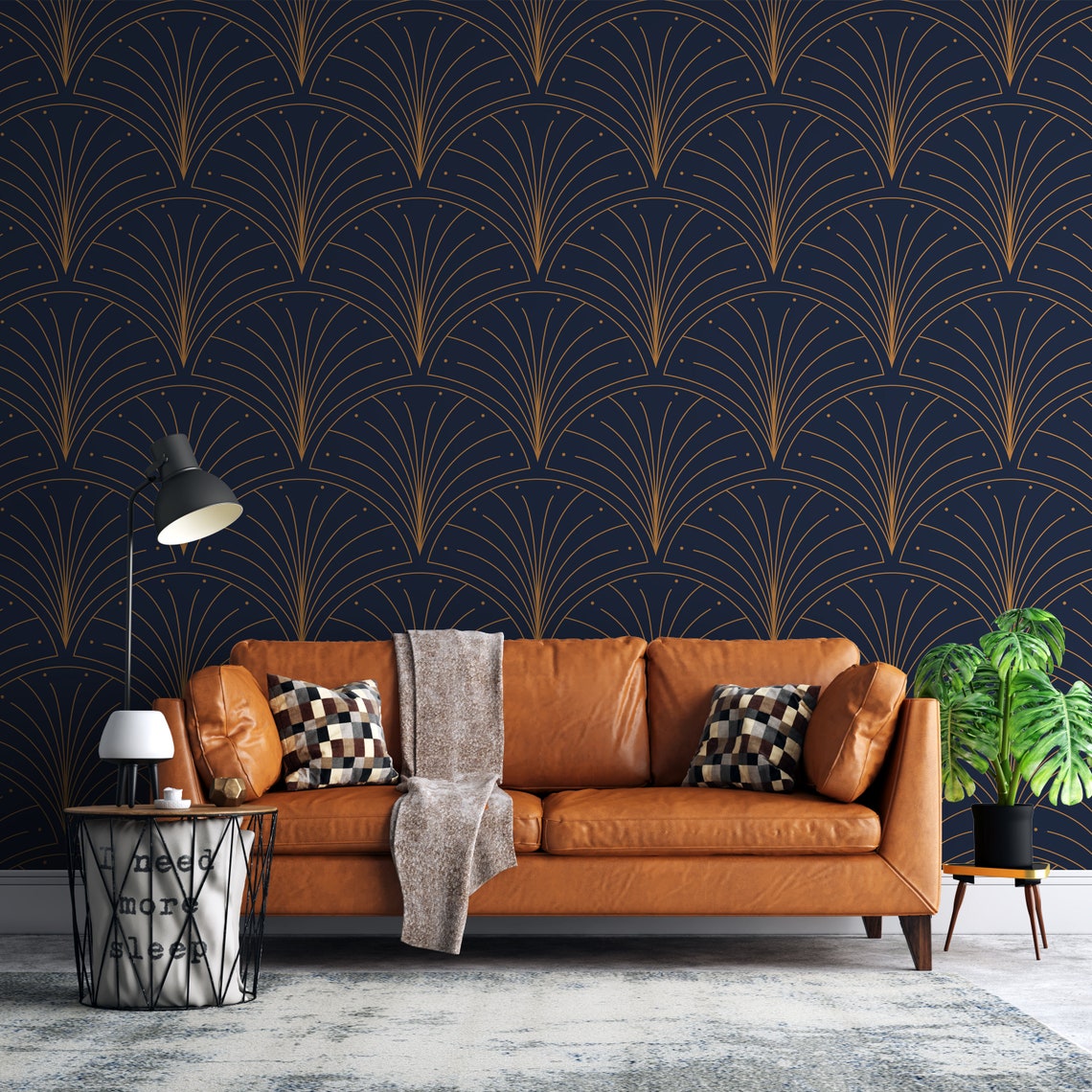 Dark Blue and Gold Geometric Wallpaper, Background Wall Mural, Fabric ...