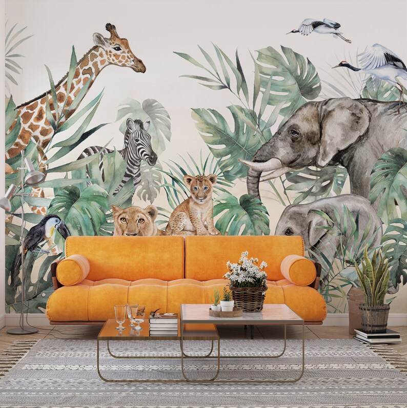 Animal Wallpaper, Safari Living Room Wall Art, Temporary Wallpaper ...