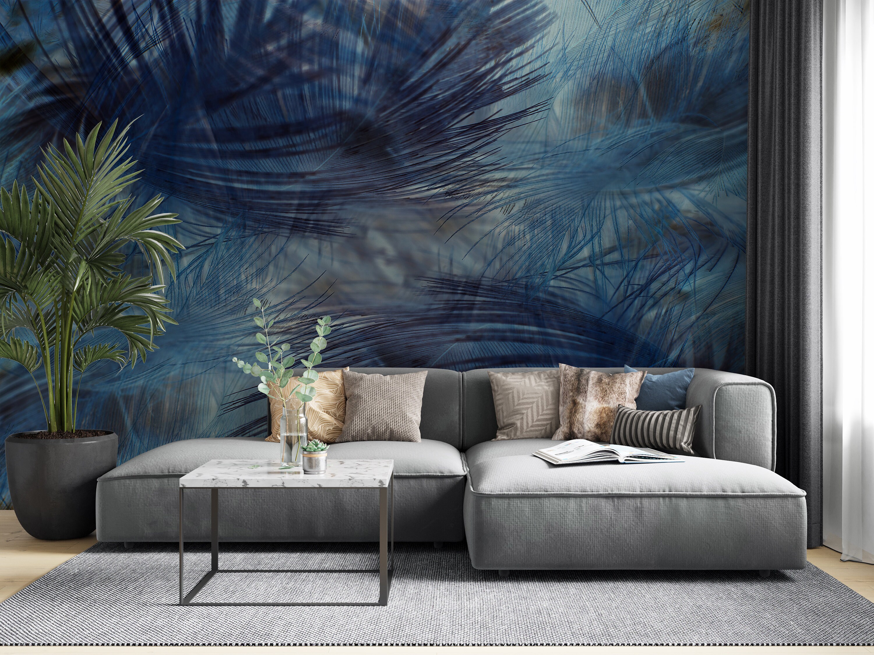 Blue Feather Art Wallpaper: Living Room Fabric Wall Mural - Etsy