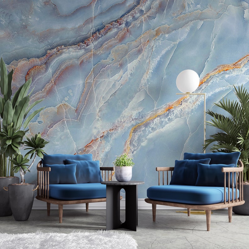 Turquoise Blue Marble Textured Wallpaper, Living Room Wall Mural, Peel ...