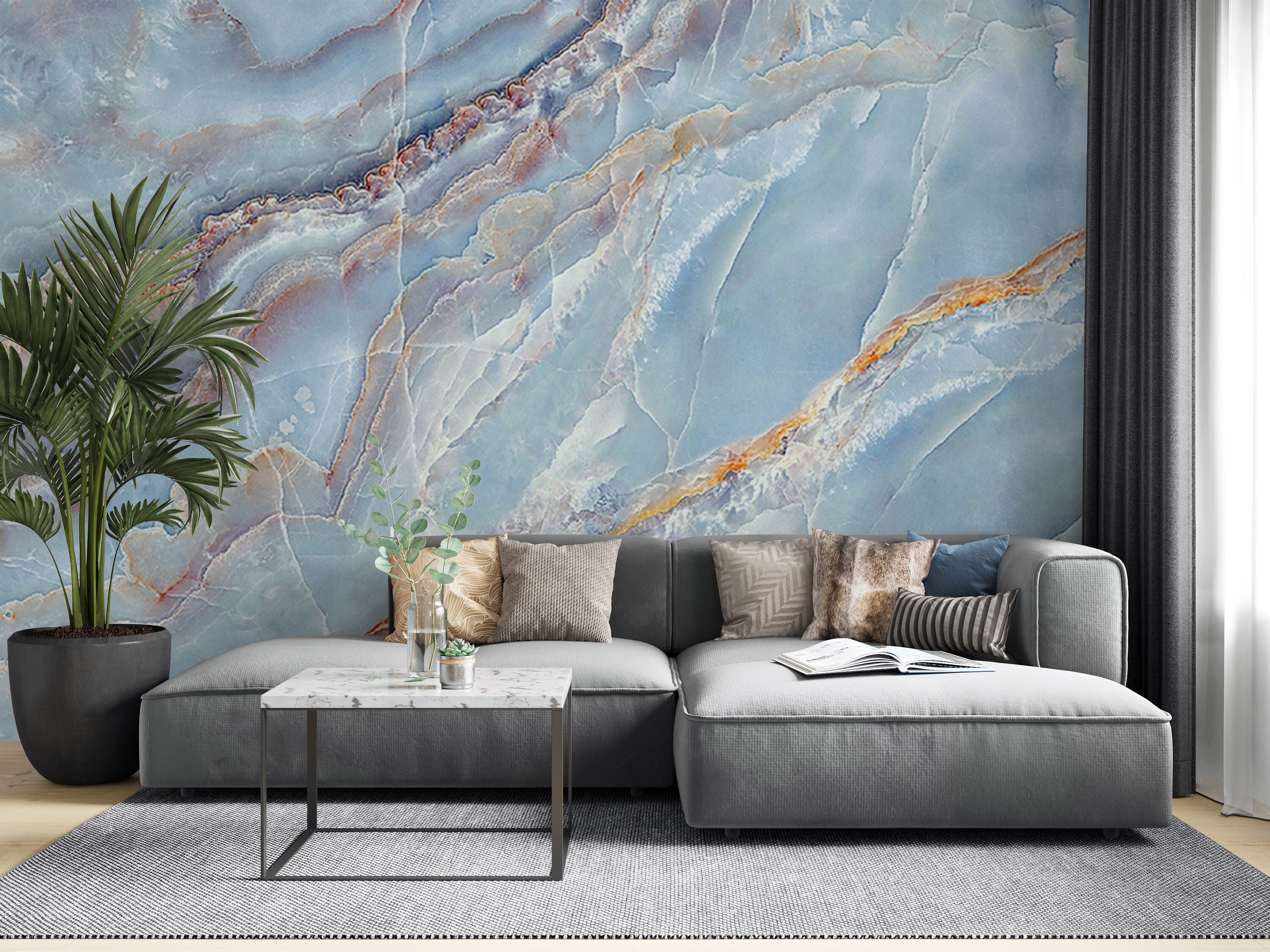 Turquoise Blue Marble Textured Wallpaper, Living Room Wall Mural, Peel ...