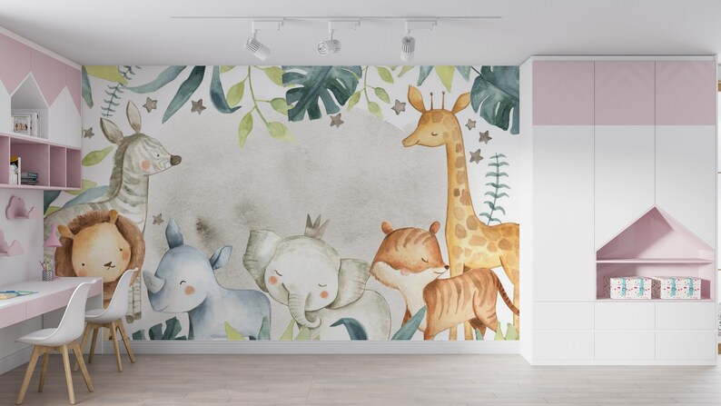 Animal Nursery Wallpaper Kids Room Wall Mural Peel and - Etsy