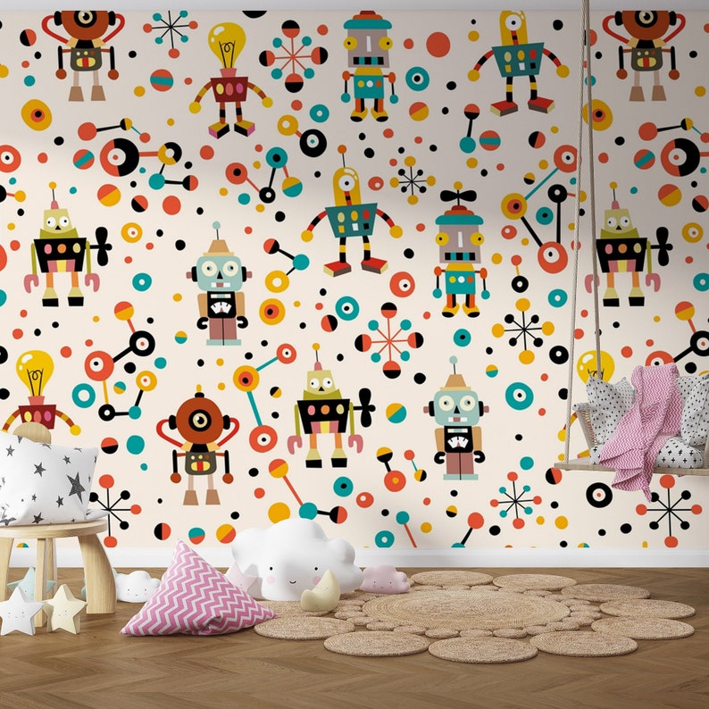 Colorful Cute Robots Kids Wallpaper, Peel and Stick Watercolor ...