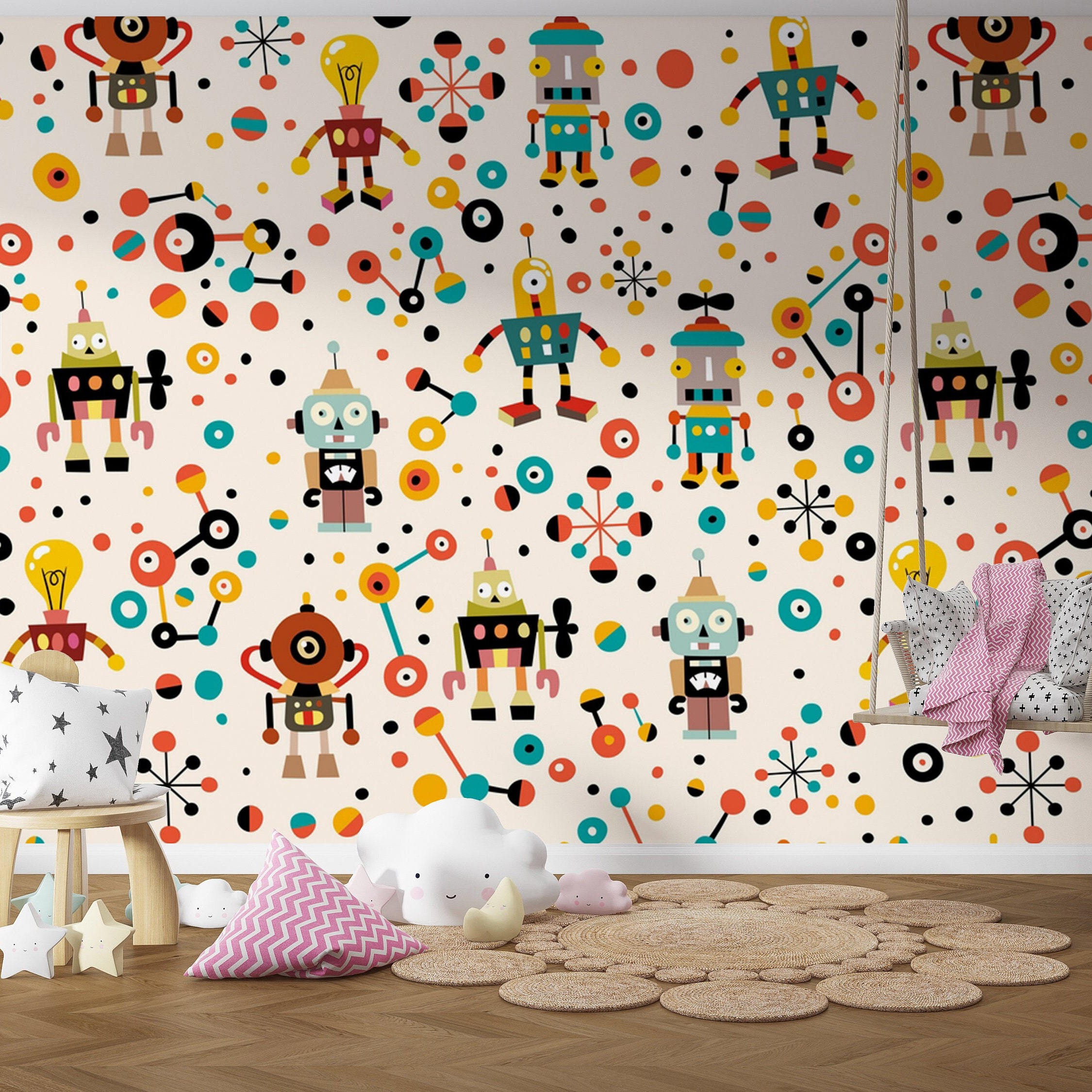 Colorful Cute Robots Kids Wallpaper, Peel and Stick Watercolor ...