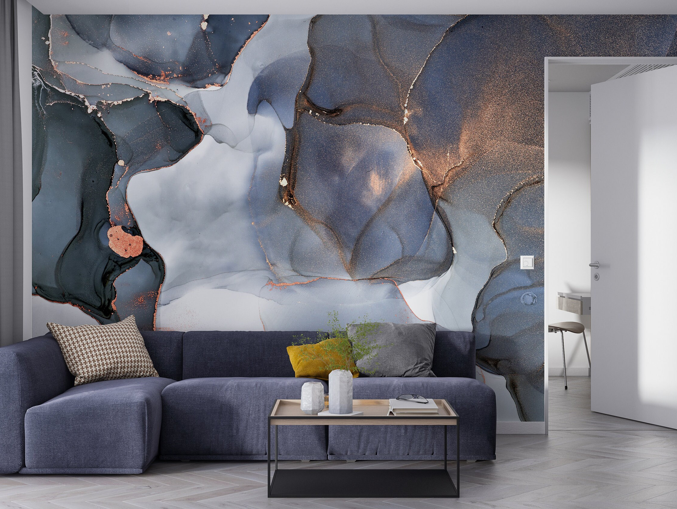 Blue Marble Textured Fabric Wallpaper Living Room Wall Mural - Etsy