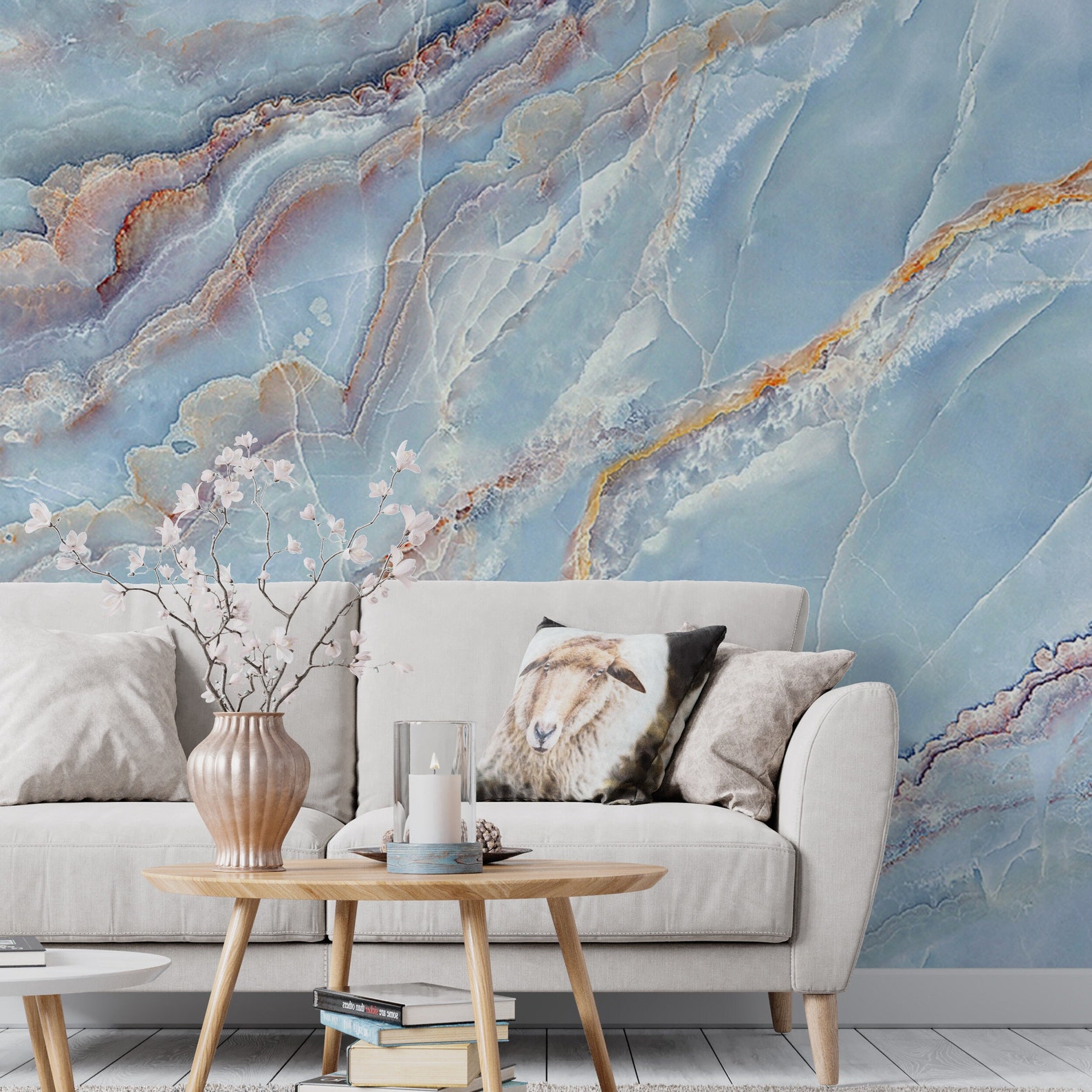 Turquoise Blue Marble Textured Wallpaper, Living Room Wall Mural, Peel ...