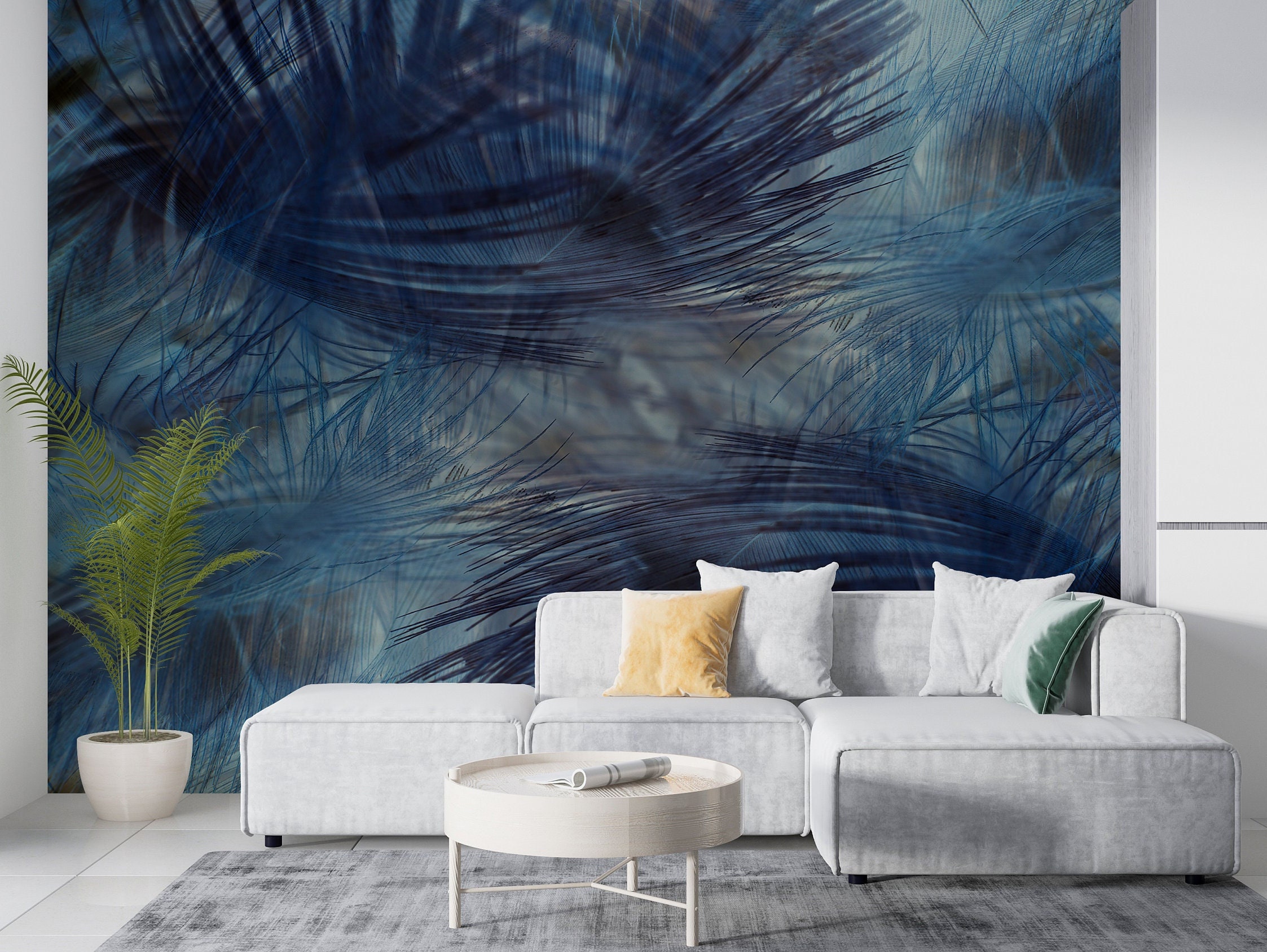 Blue Feather Art Wallpaper: Living Room Fabric Wall Mural - Etsy