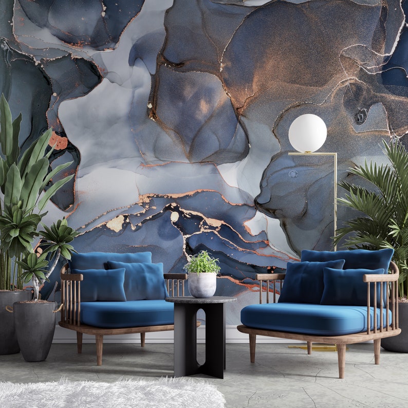 Blue Marble Textured Fabric Wallpaper Living Room Wall Mural - Etsy
