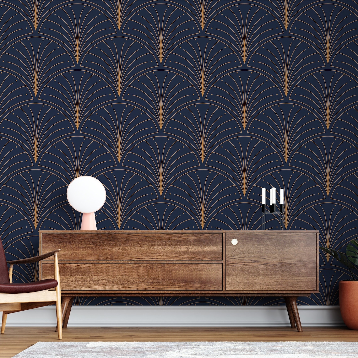 Dark Blue and Gold Geometric Wallpaper, Background Wall Mural, Fabric ...