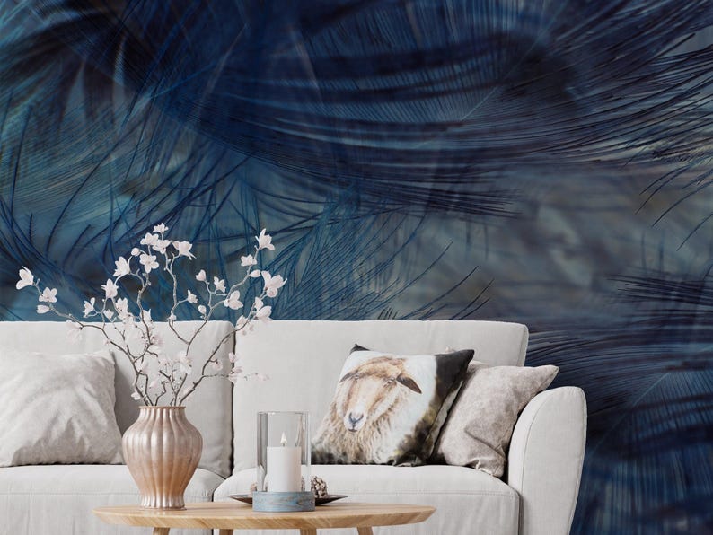 Blue Feather Art Wallpaper: Living Room Fabric Wall Mural - Etsy