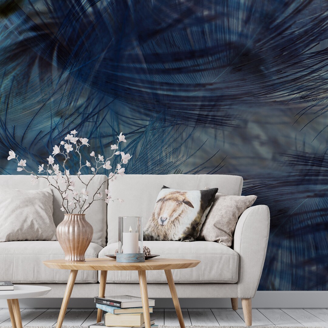 Blue Art Wallpaper, Living Room Wall Mural, Temporary Wallpaper, Peel ...