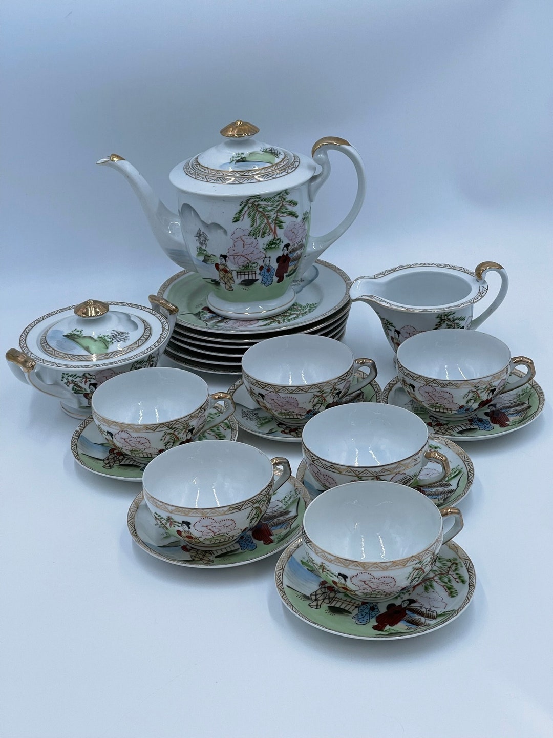 Vintage Japanese Geisha Lithophane Tea Set – Hand-painted Porcelain ...