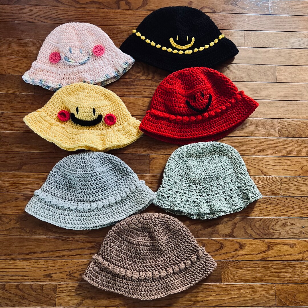 Smiley Face Crochet Bucket Hat, Happy Smile Bucket Hat, Yellow Crochet ...