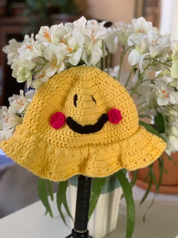 Smiley Face Crochet Bucket Hat Happy Smile Bucket Hat Yellow | Etsy