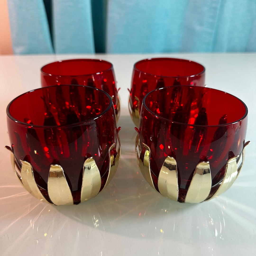Set of 4 MCM Red & Gold Lotus Glasses Cocktail Glasses Old - Etsy