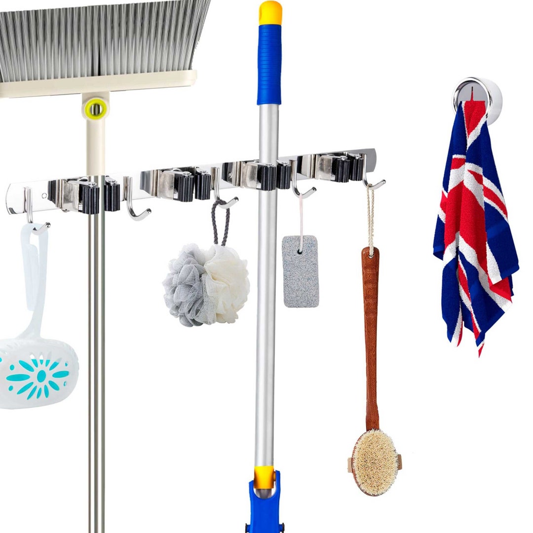 Broom Holder Wall Mount Storage With 4 Racks 5 Hooks,stainless Steel ...