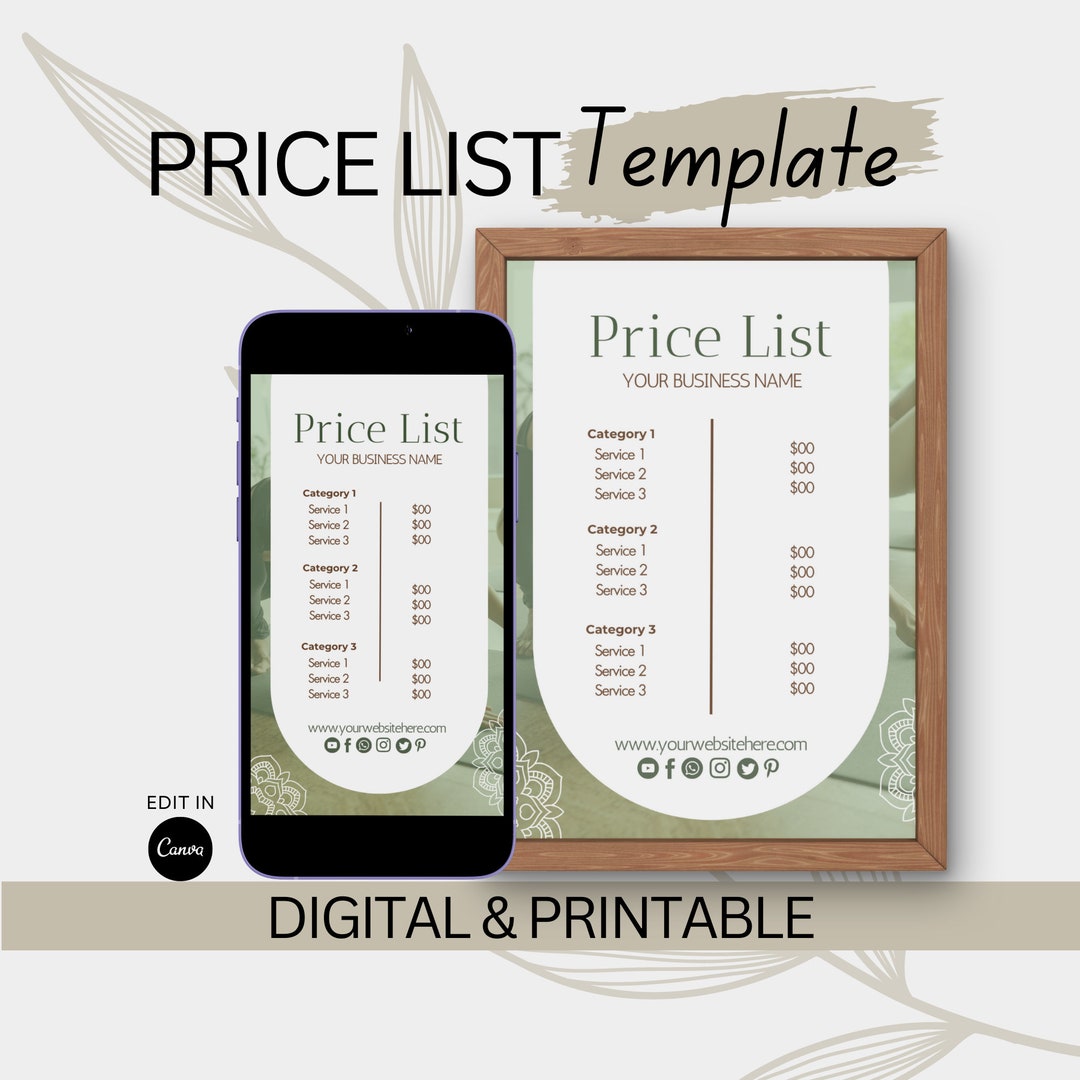 Price List, Price List Template, Digital & Printable, Business Price ...