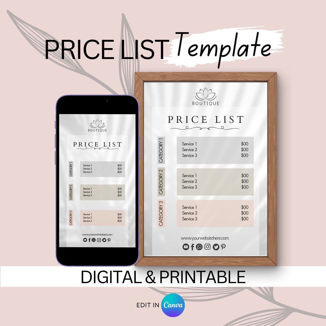 Boutique Price List Template, Digital & Printable, Business Price List ...