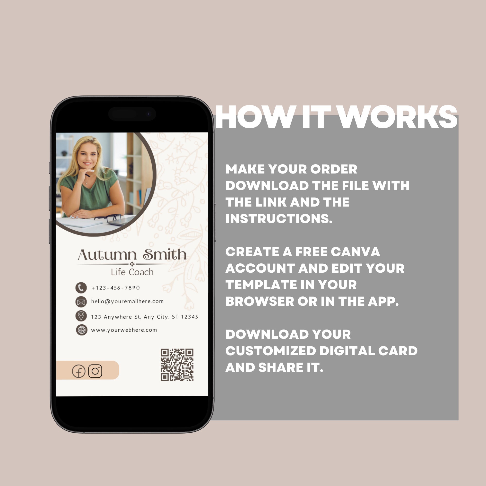 Life Coach Digital Business Card Template: Minimalist QR Code (canva ...