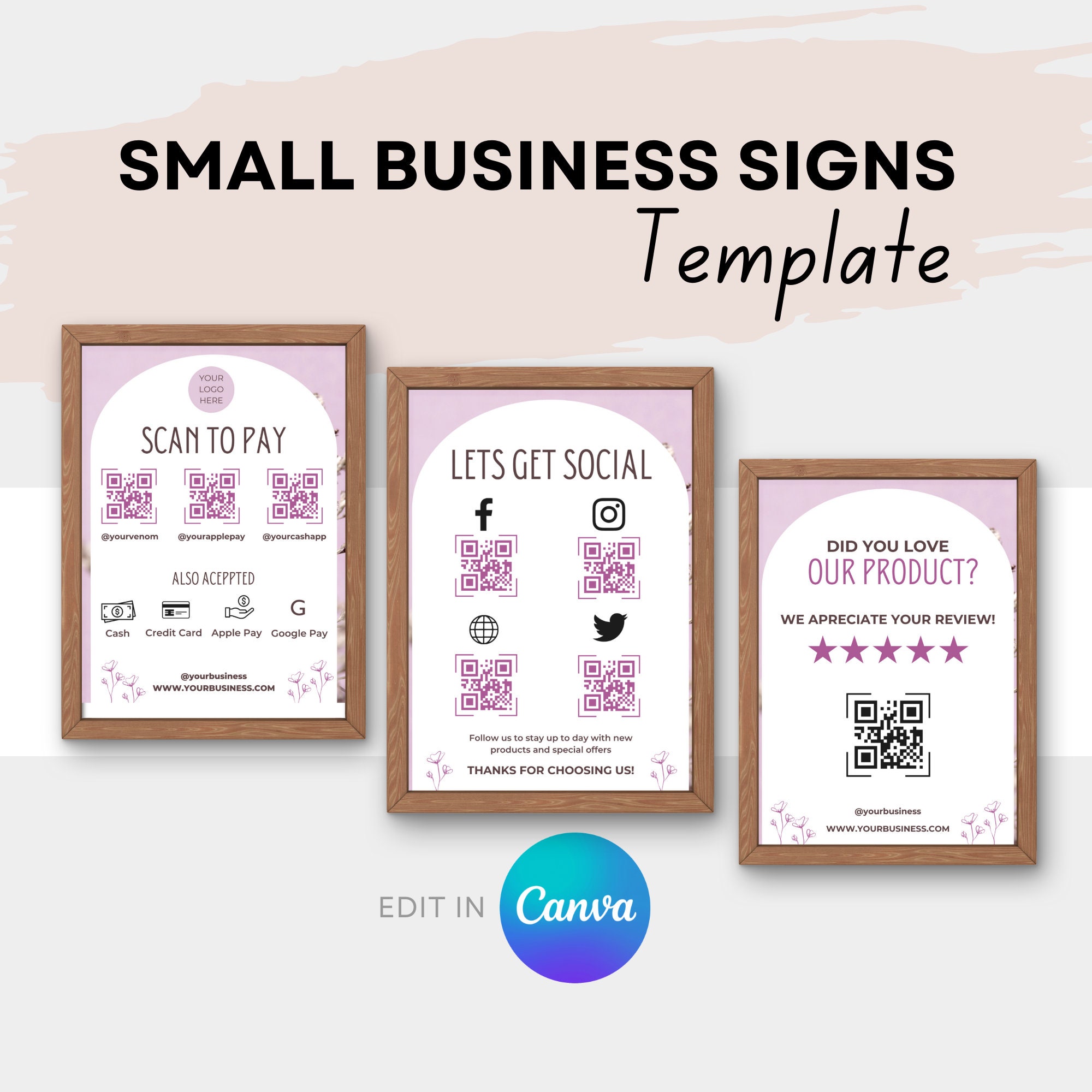 Editable Business Sign, Social Media QR Code Sign, Scan to Pay Sign ...