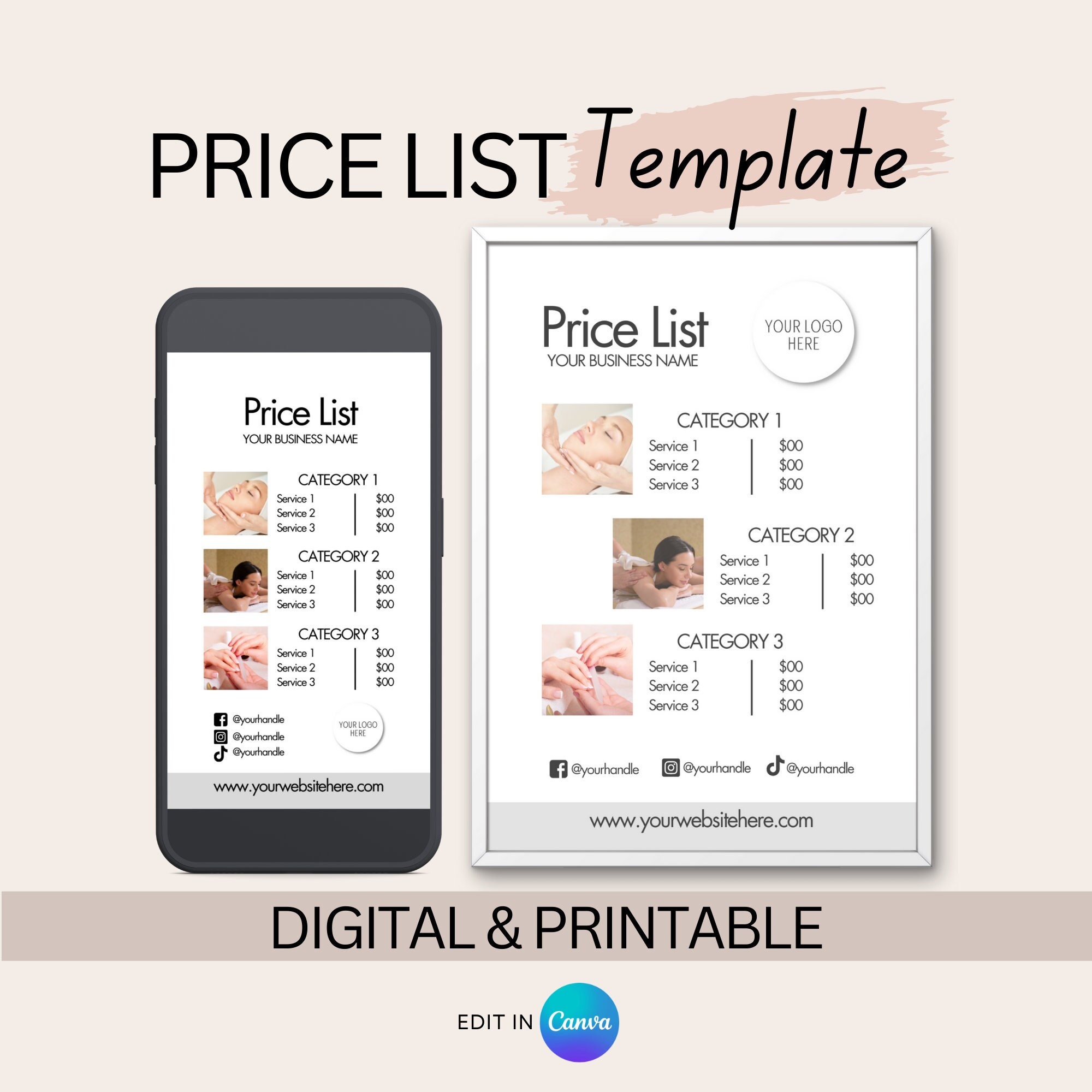 Spa Price List, Digital & Printable Price List Template, Business Price ...