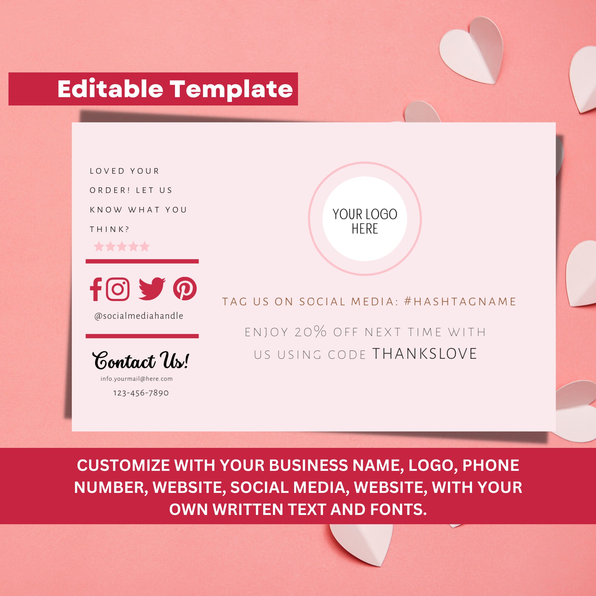 Editable Valentine's Thank You Card Canva Template, Small Business ...