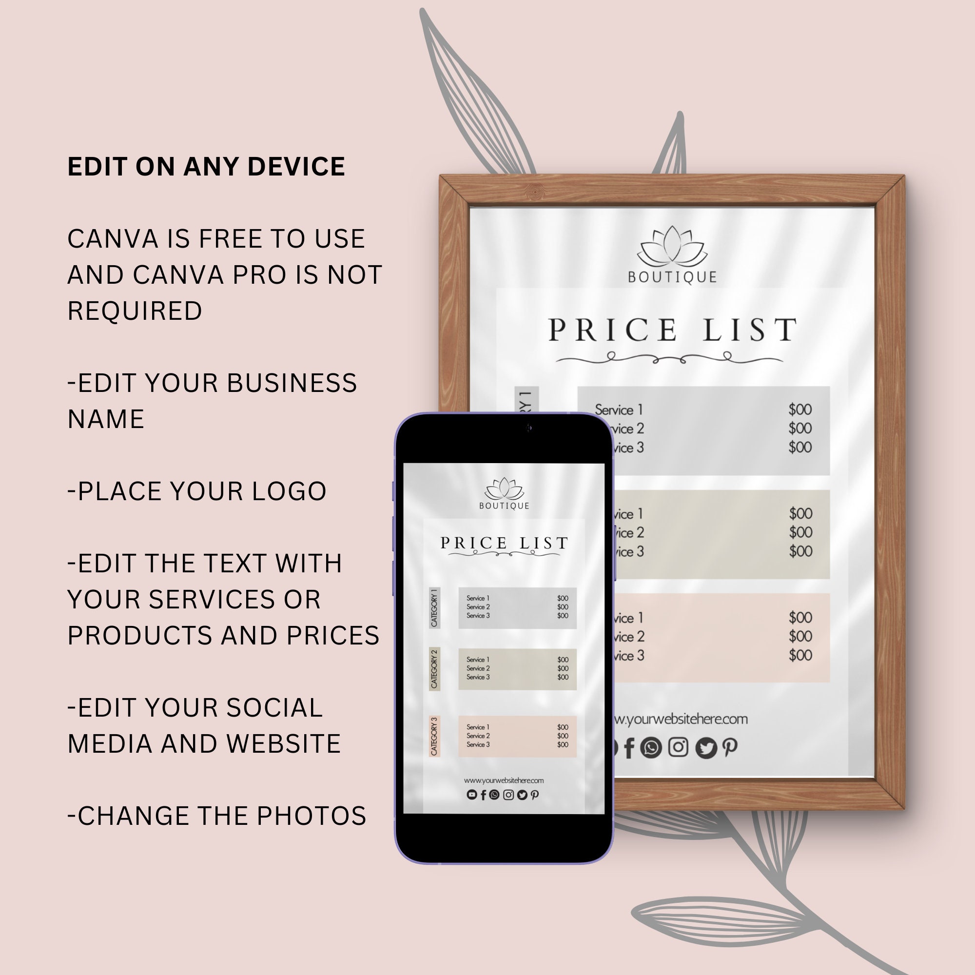 Boutique Price List Template, Digital & Printable, Business Price List ...